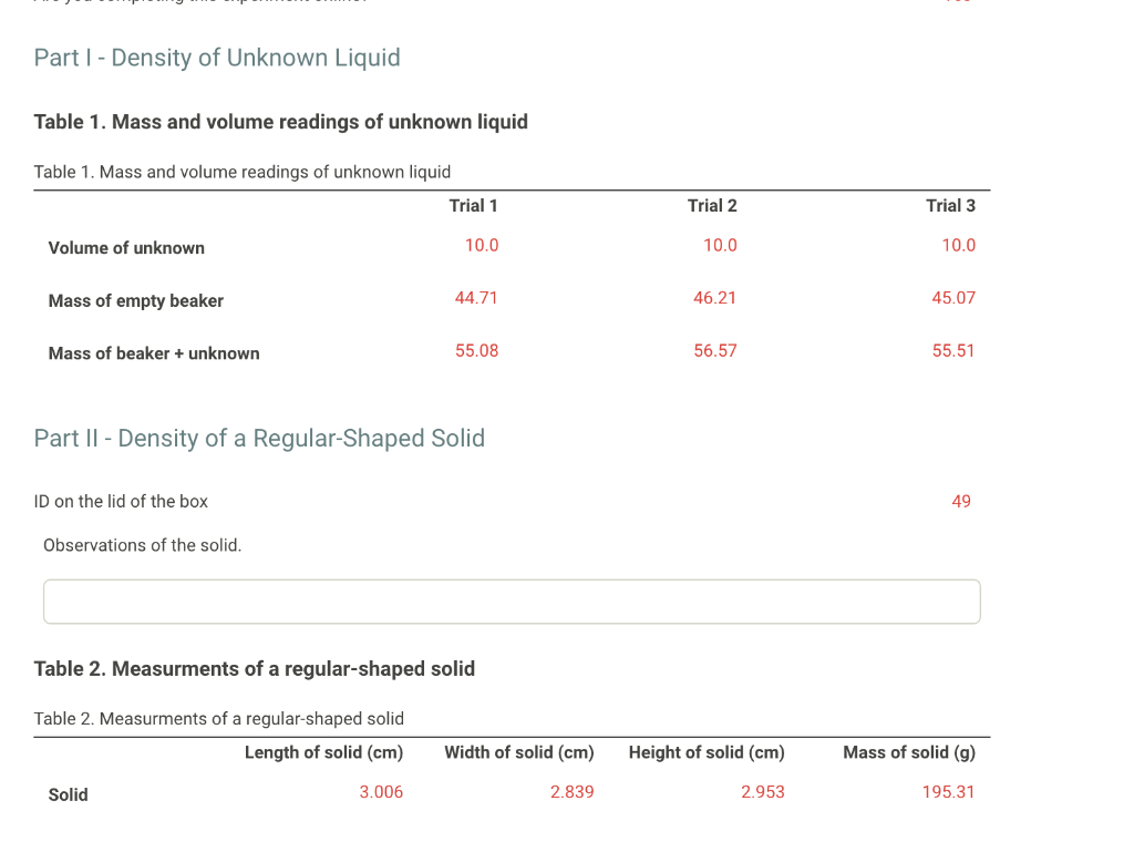 Solved Part I - Density of Unknown Liquid Table 1. Mass and | Chegg.com