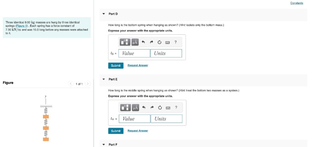 Part DThree identical 9.50kg masses are hung by | Chegg.com Part DThree identical 9.50kg masses are hung by | Chegg.com