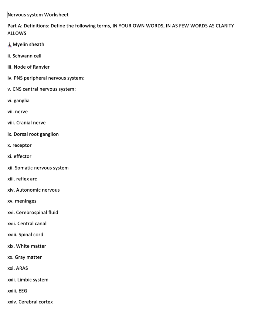 Solved Nervous system Worksheet Part A: Definitions: Define | Chegg.com