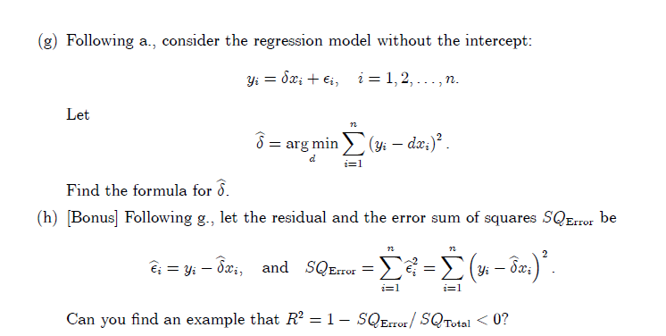 Solved (g) Following a., consider the regression model | Chegg.com