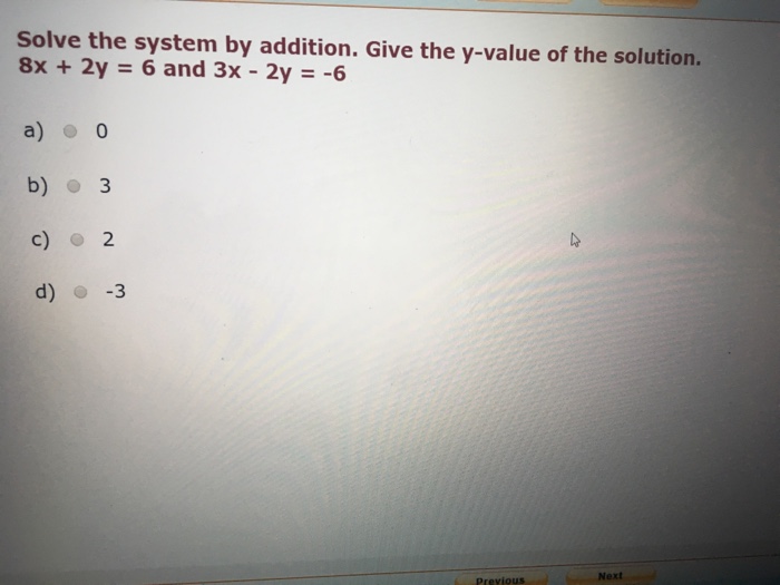 Solved Solve the system by addition. Give the y-value of the | Chegg.com