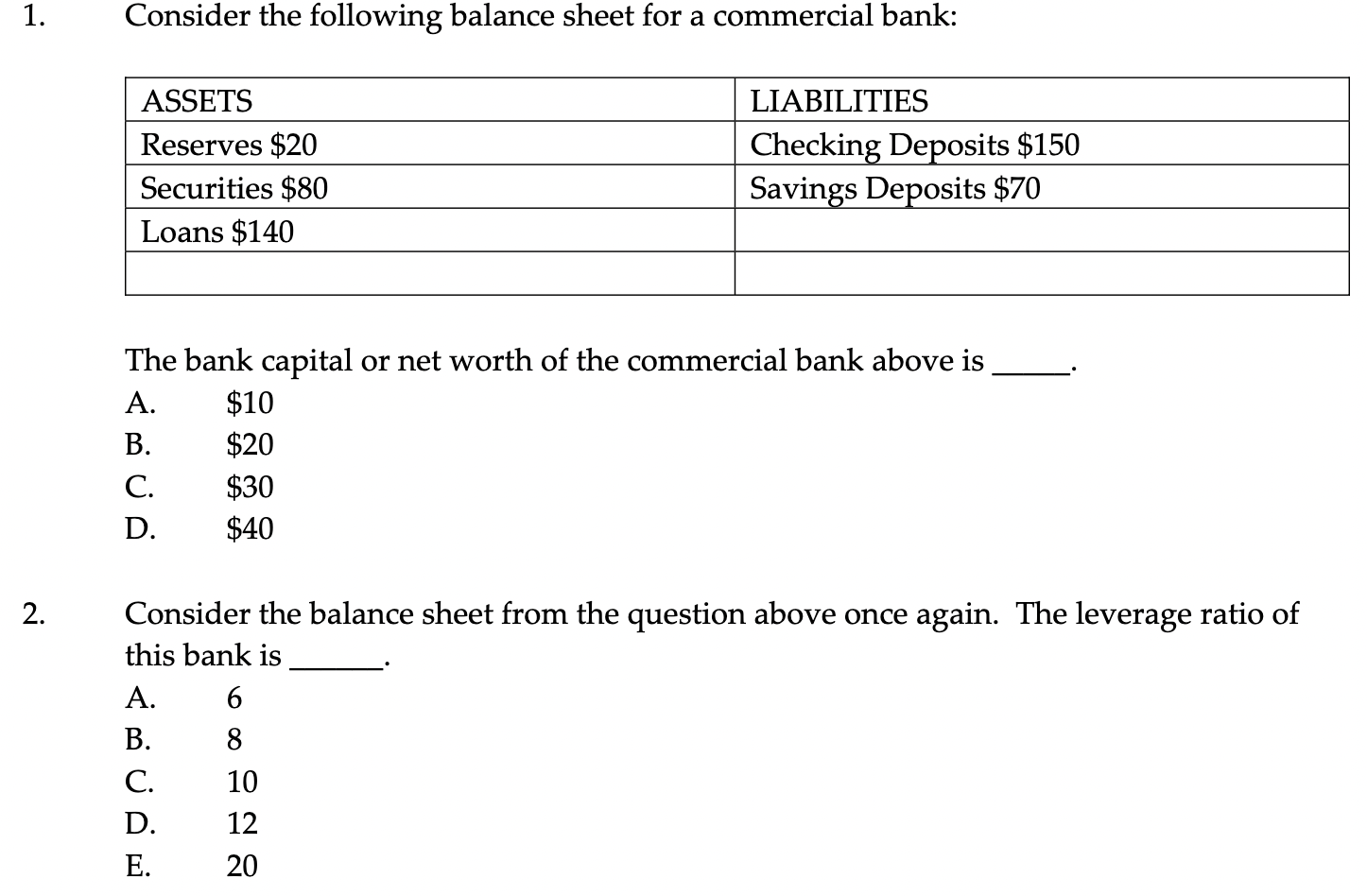 Solved Consider the following balance sheet for a commercial | Chegg.com