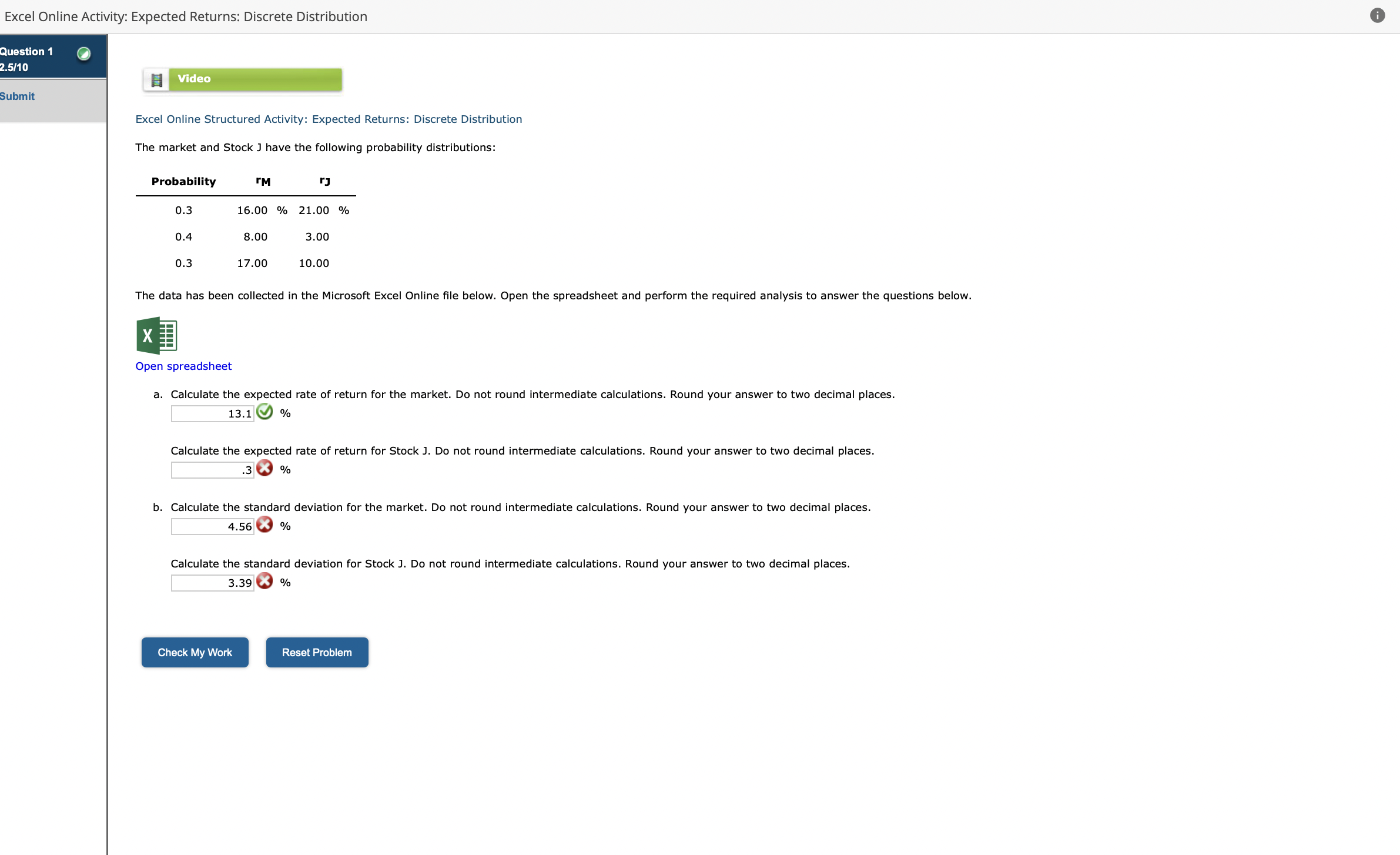 Solved Excel Online Activity: Expected Returns: Discrete | Chegg.com