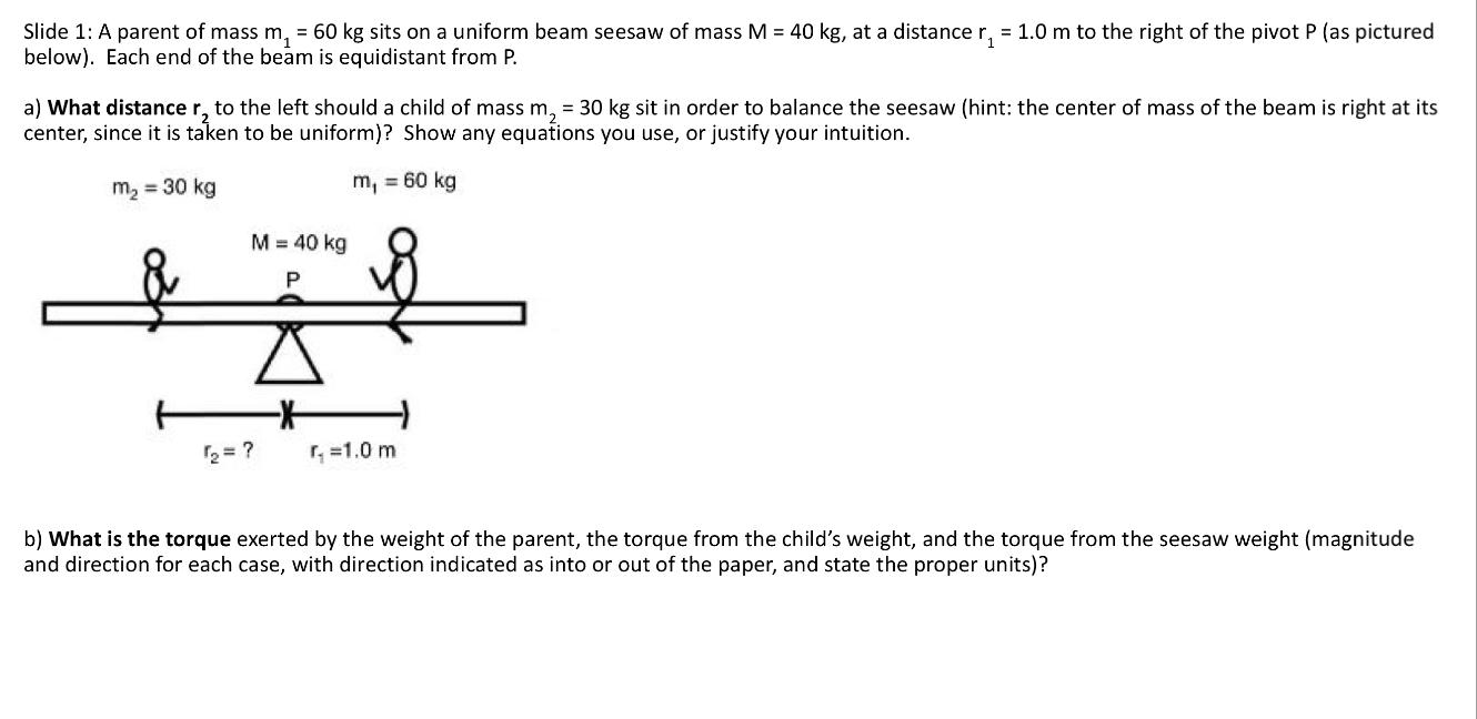 Solved Slide 1: A parent of mass m1=60 kg sits on a uniform | Chegg.com