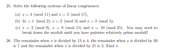 Solved 25. Solve the following systems of linear congruences | Chegg.com