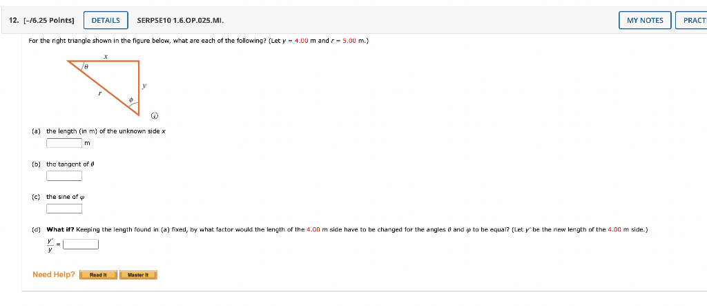 Solved For The Right Triangle Shown In The Figure Below Chegg