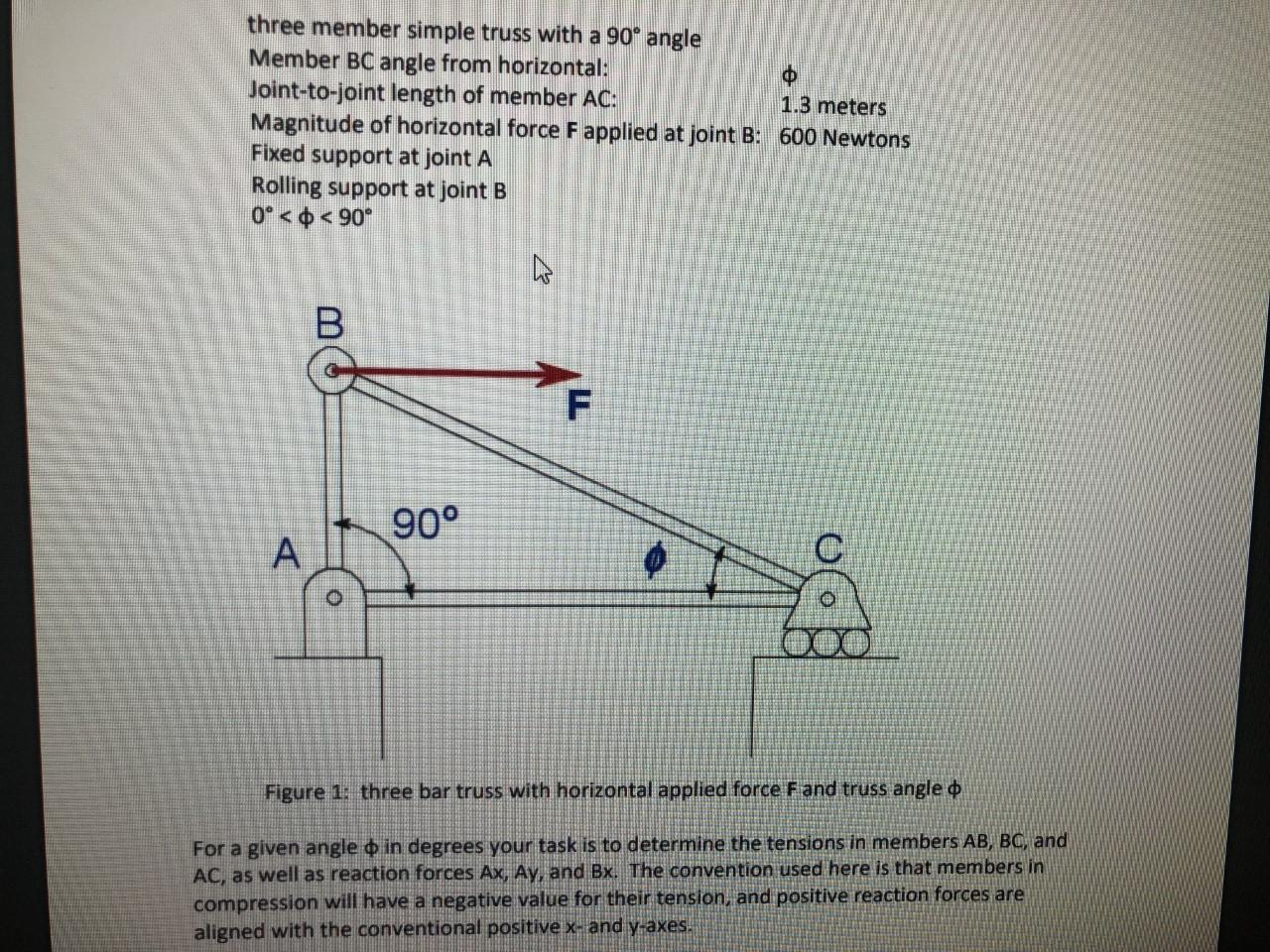 Solved three member simple truss with a 90° angle Member BC | Chegg.com