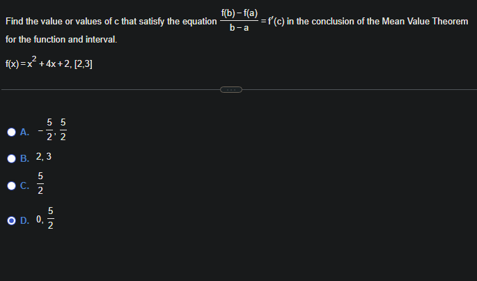 Solved Find the value or values of c ﻿that satisfy the | Chegg.com