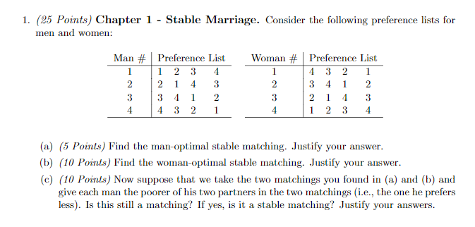 Solved 1. (25 Points) Chapter 1 - Stable Marriage. Consider | Chegg.com