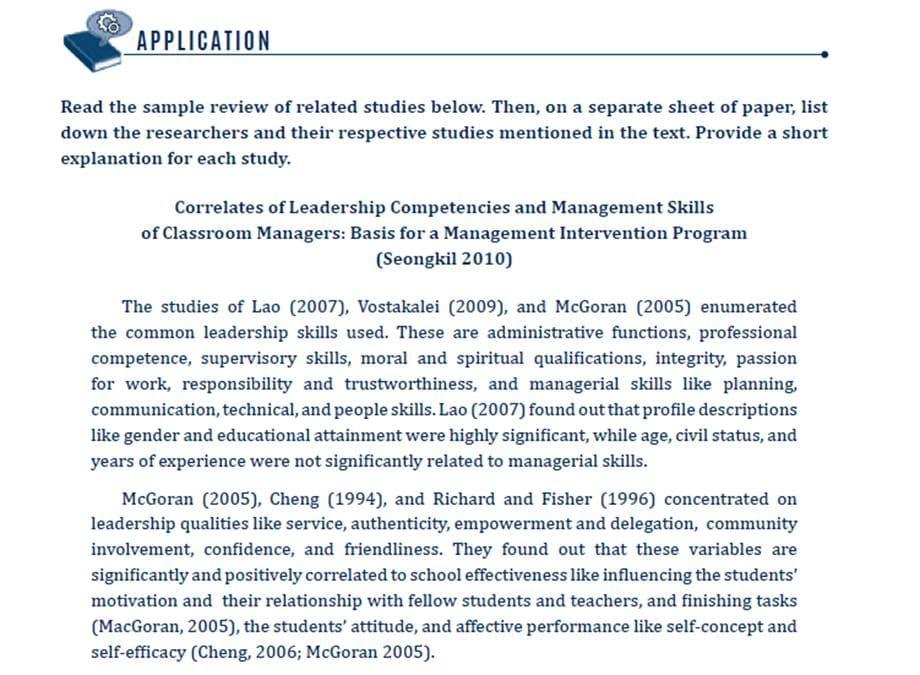 Solved APPLICATION Read the sample review of related studies | Chegg.com