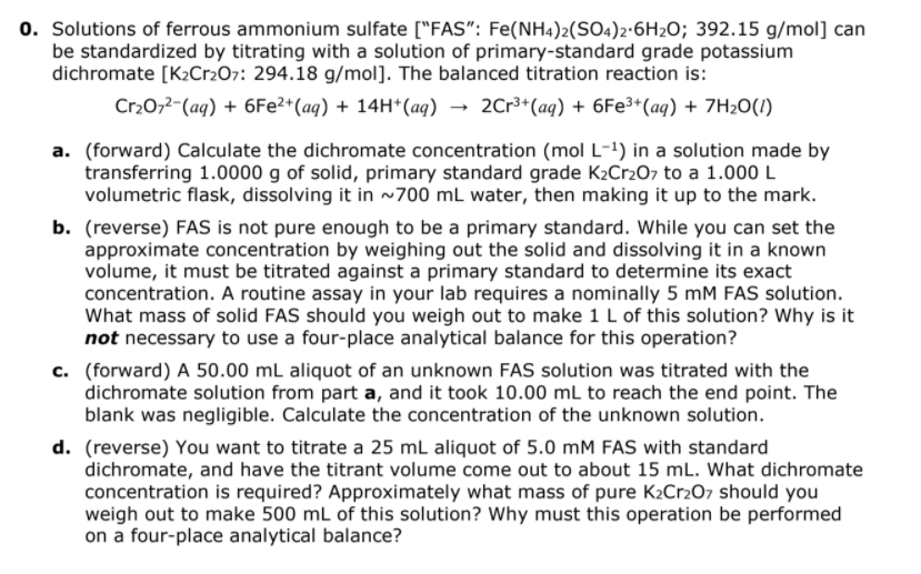 Solved 0. Solutions of ferrous ammonium sulfate ("FAS": | Chegg.com