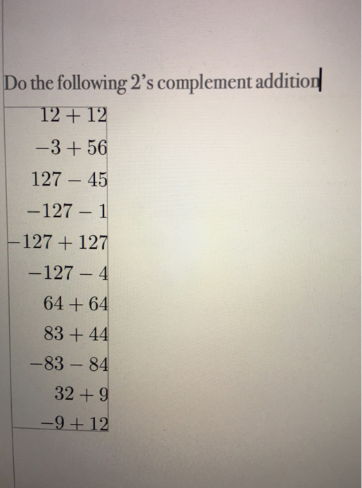 Solved Do the following 2's complement addition 12+ 12 3+56 | Chegg.com