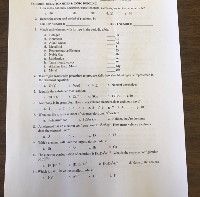 Solved PERIODIC RELATIONSHIPS & IONIC BONDING 1. How many | Chegg.com