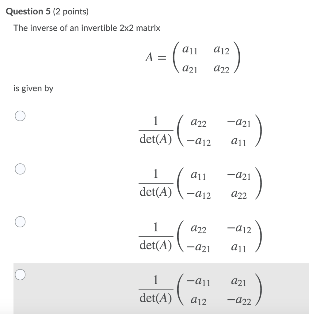 Solved Question 5 (2 points) The inverse of an invertible | Chegg.com