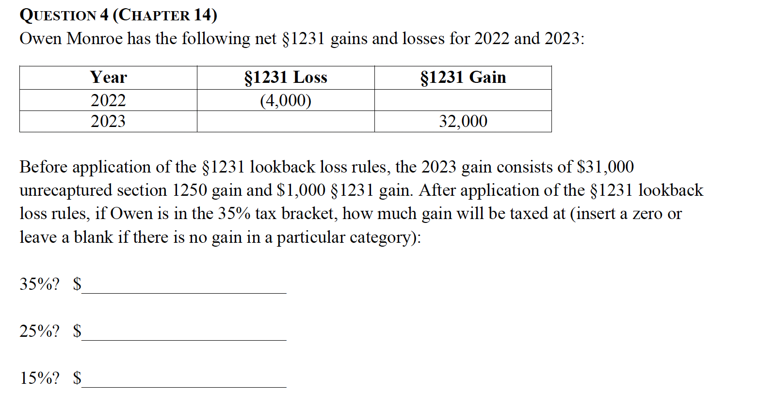 Solved QUESTION 4 (CHAPTER 14) Owen Monroe has the following | Chegg.com