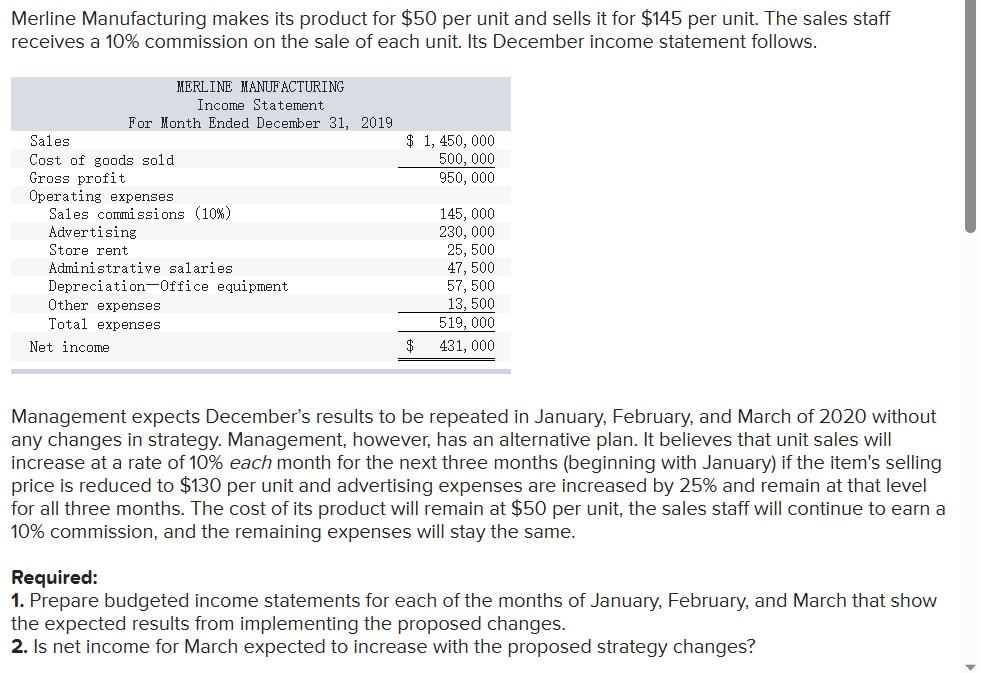 Solved Merline Manufacturing makes its product for $50 per | Chegg.com