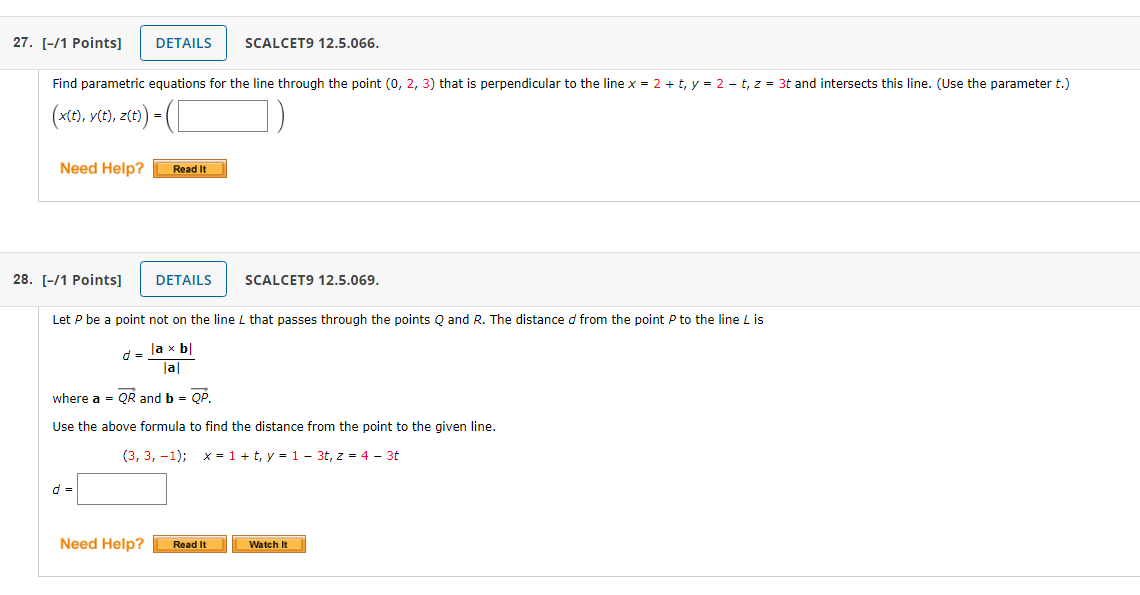 Solved [-/1 Points] SCALCET9 12.5.066. Find parametric | Chegg.com
