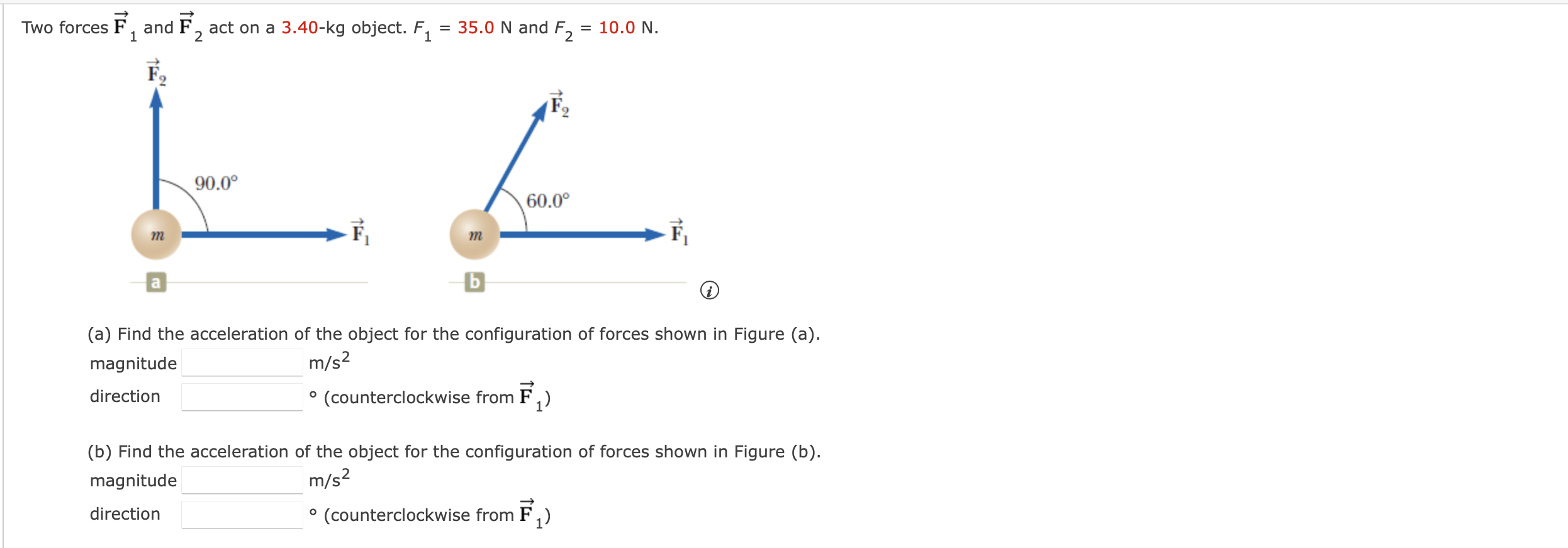 Solved Two forces vec(F)1 ﻿and vec(F)2 ﻿act on a 3.40-kg | Chegg.com