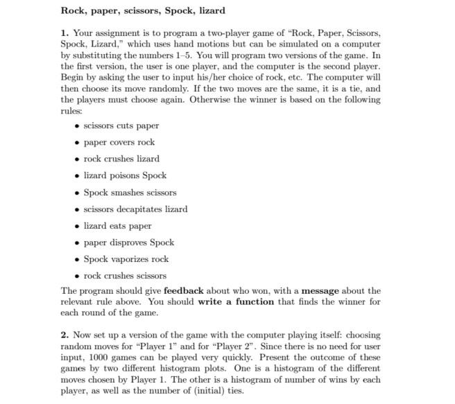 Rock, paper, scissors, Spock, lizard 1. Your | Chegg.com