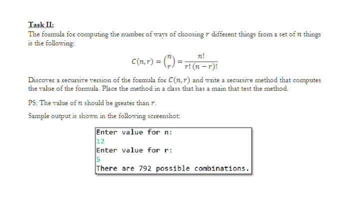 Solved Task II:The formula for computing the number of ways | Chegg.com