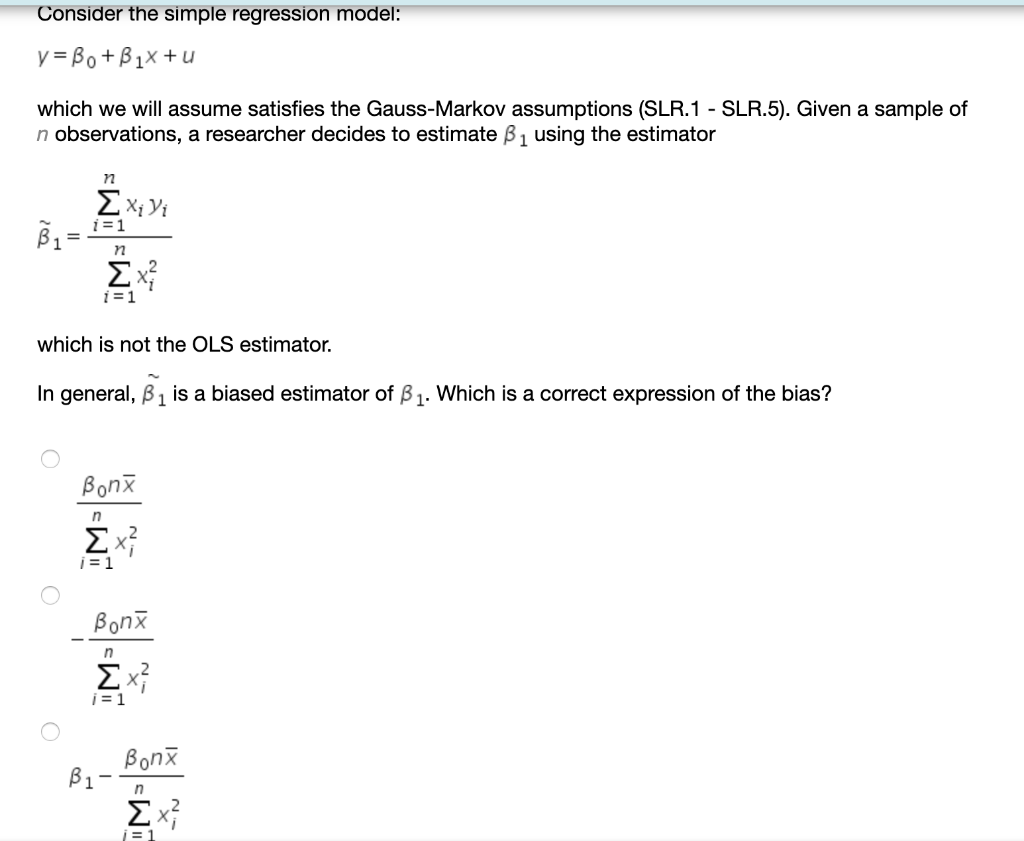 Solved Consider the simple regression model: y= Bo+B1x + u | Chegg.com