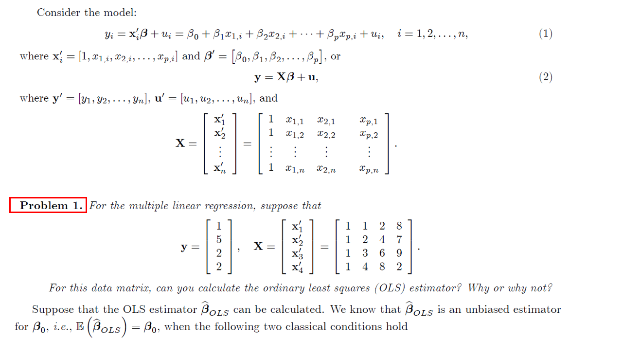 Consider the model: į=1,2,...,n, (1) 2) Yi = x; 3+ u= | Chegg.com