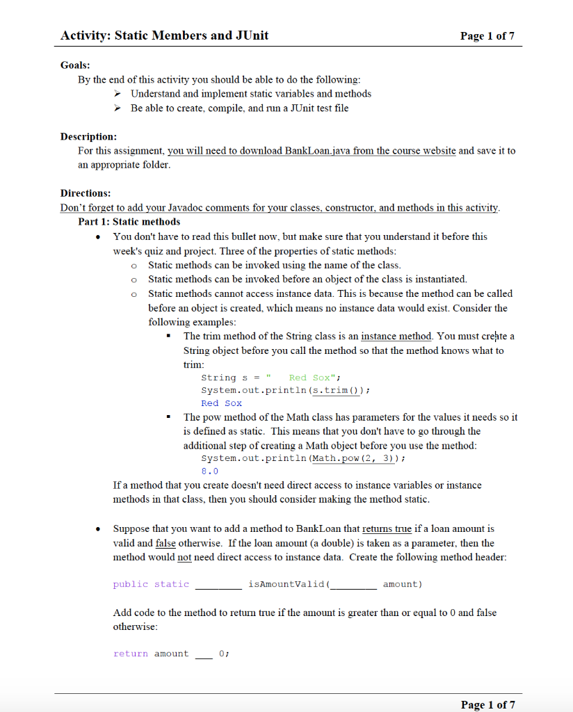 Solved Activity: Static Members and JUnit Page 1 of 7 Goals: | Chegg.com