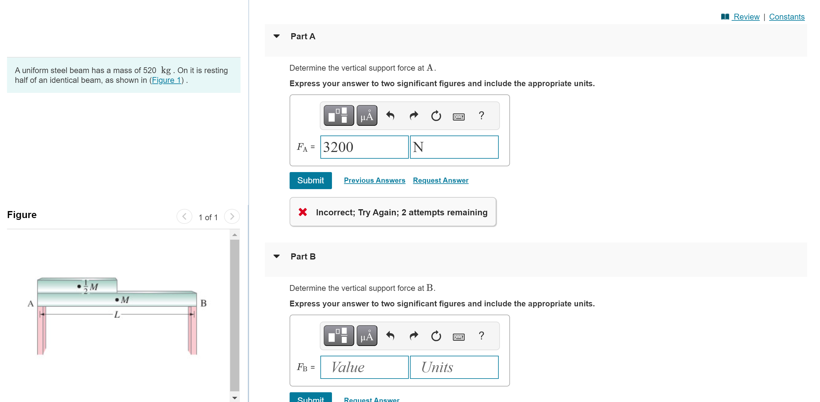 Solved Part AA uniform steel beam has a mass of 520kg. ﻿On | Chegg.com