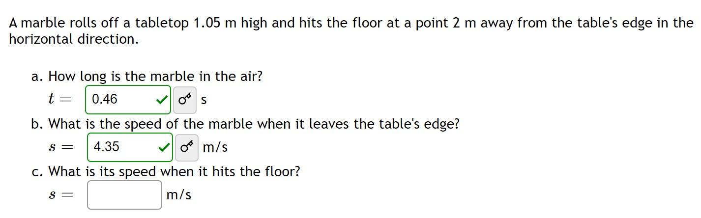 Solved A marble rolls off a tabletop 1.05 m high and hits | Chegg.com