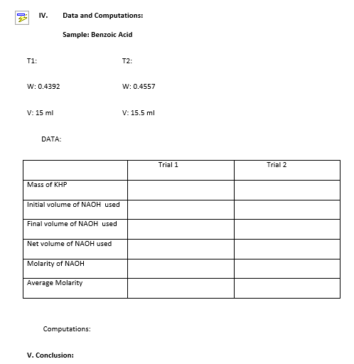 IV. Data and Computations: T1: T2: W: 0.4392 W: | Chegg.com