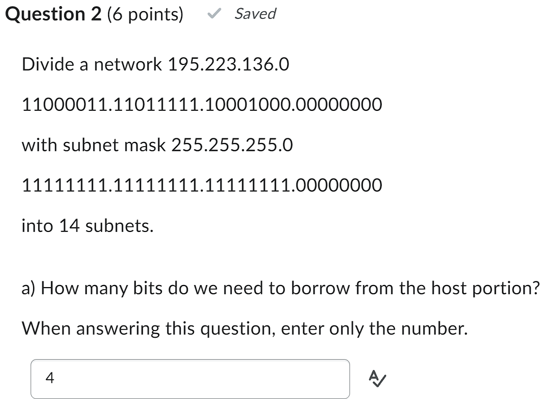 Solved Divide a network 195.223.136.0 | Chegg.com