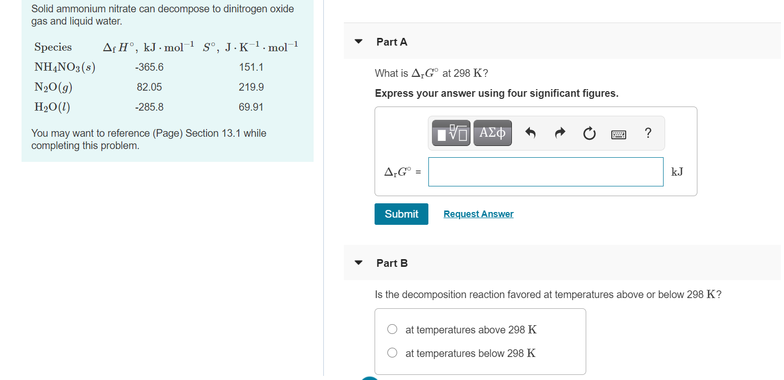 Solved Solid ammonium nitrate can decompose to dinitrogen | Chegg.com