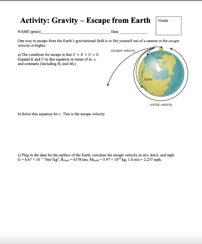 Solved Activity: Gravity – Escape from Earth Grade NAME | Chegg.com