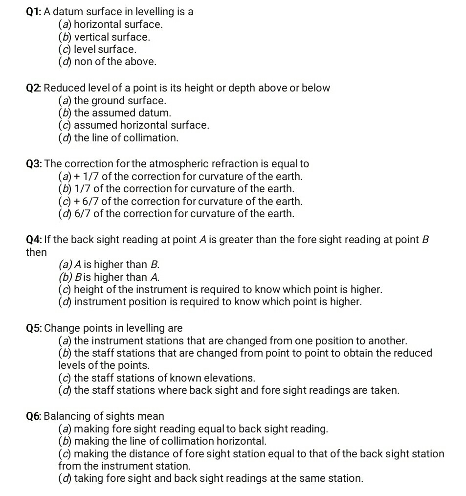 Solved Q1: A datum surface in levelling is a (a) horizontal | Chegg.com