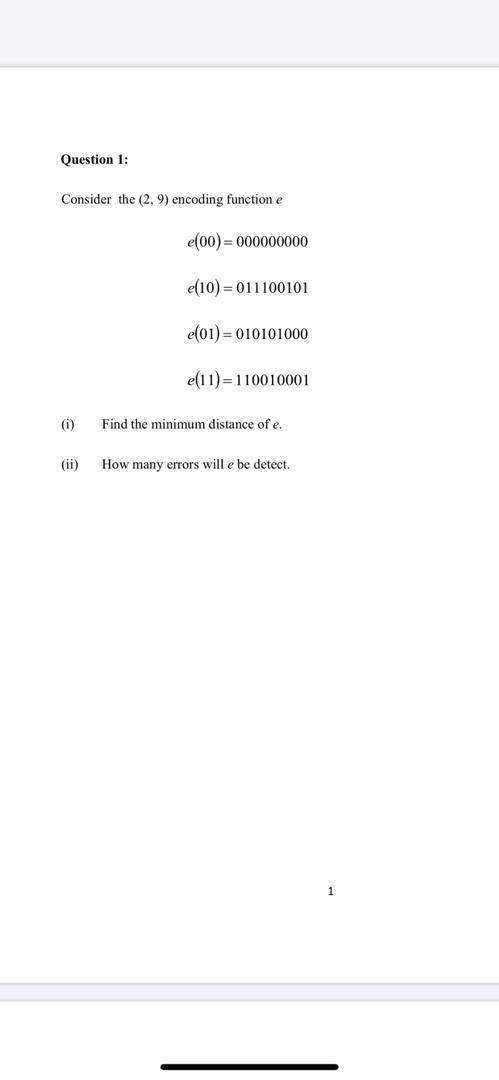 Solved Question 1: Consider the (2, 9) encoding function e | Chegg.com
