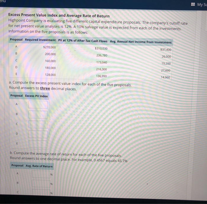 Solved My S nu Excess Present Value Index and Average Rate | Chegg.com