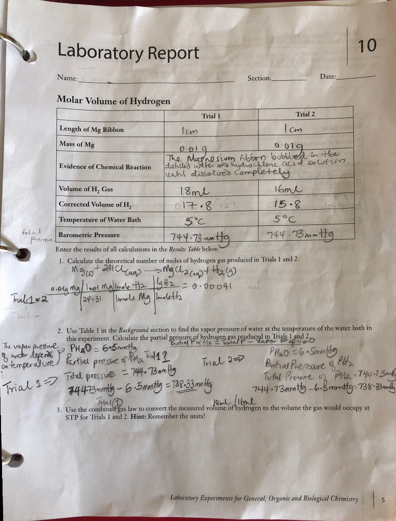 Solved Molar Volume of Hydrogen continued volume of | Chegg.com