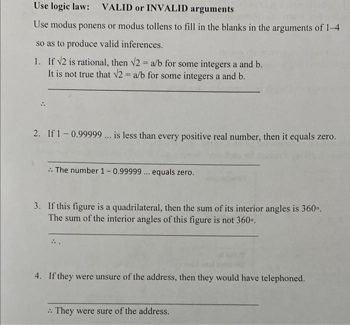 Solved Use logic law: VALID or INVALID arguments Use modus | Chegg.com
