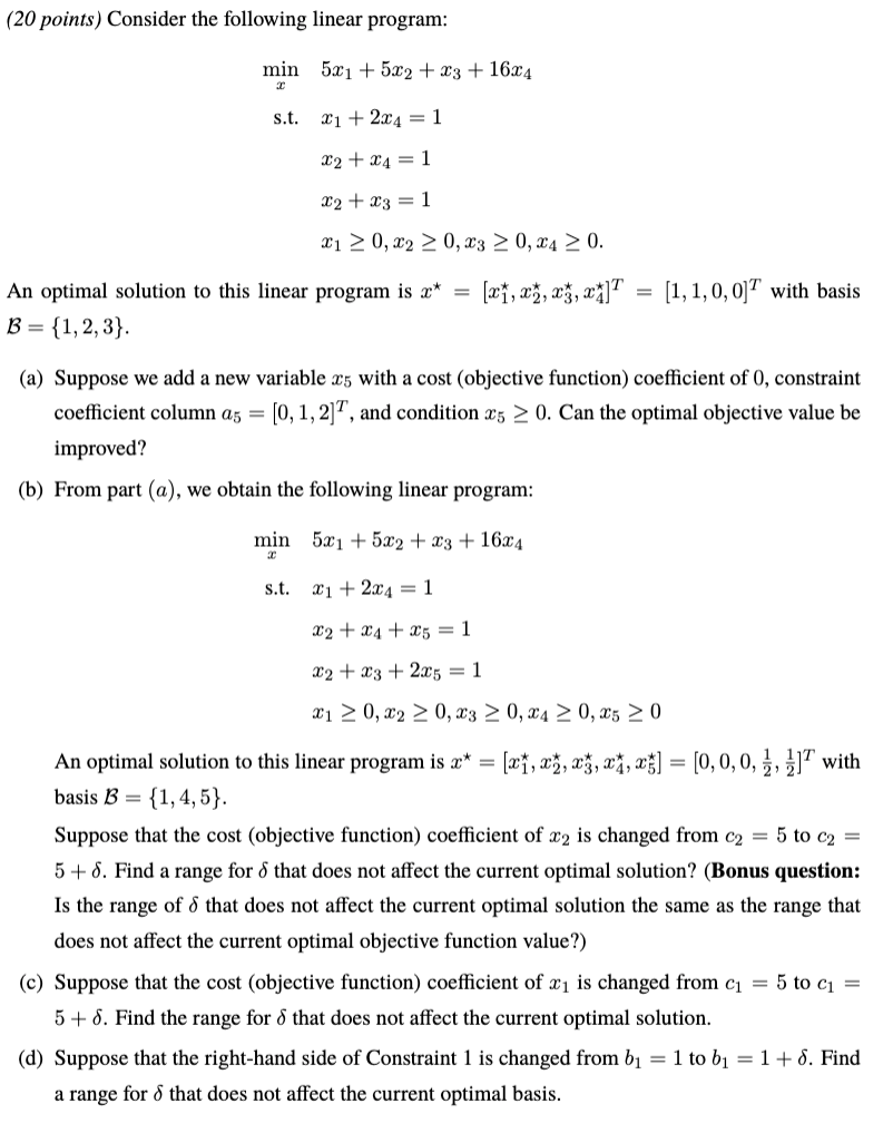 (20 points) Consider the following linear program: | Chegg.com