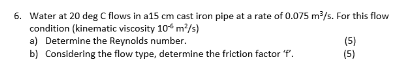 Solved 6. Water at 20 deg C flows in a 15 cm cast iron pipe | Chegg.com