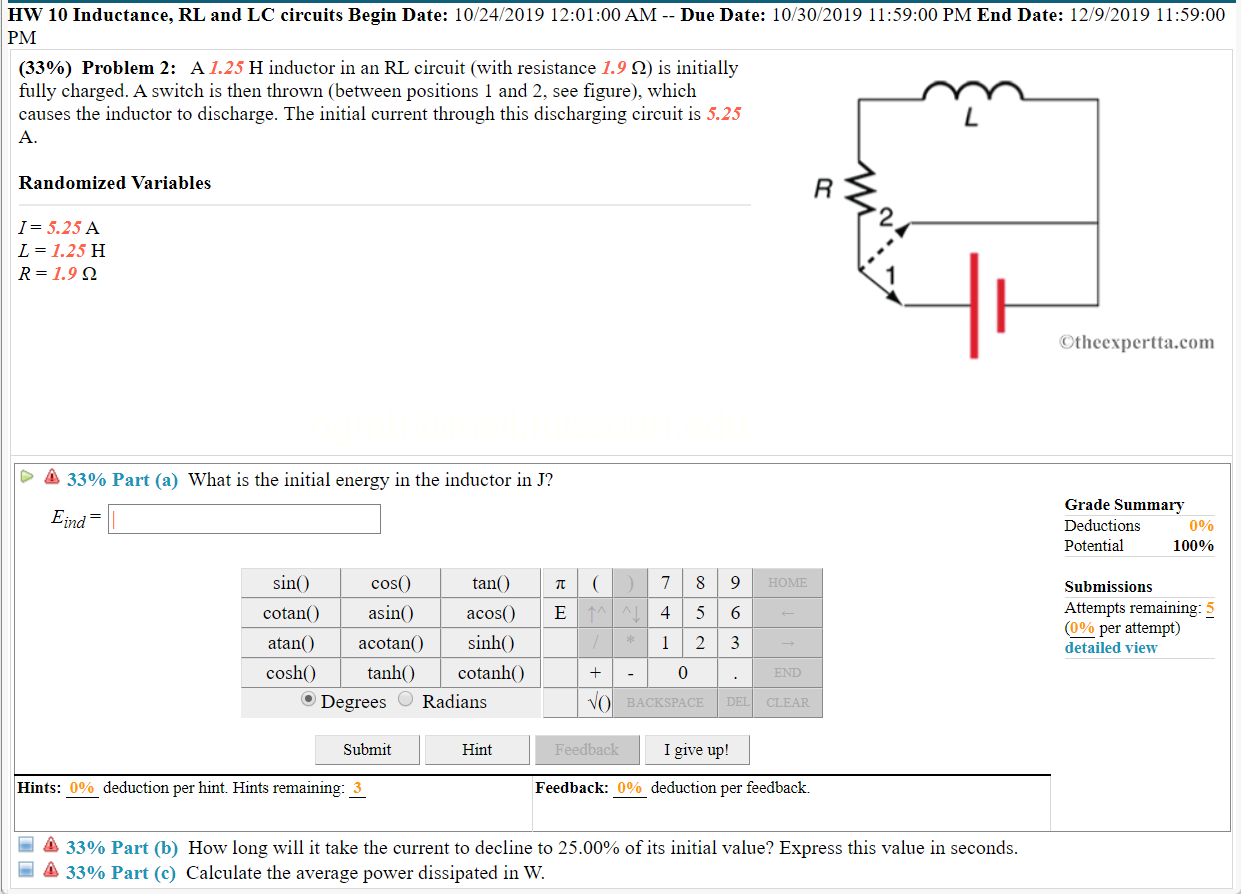Solved HW 10 Inductance, RL and LC circuits Begin Date: | Chegg.com