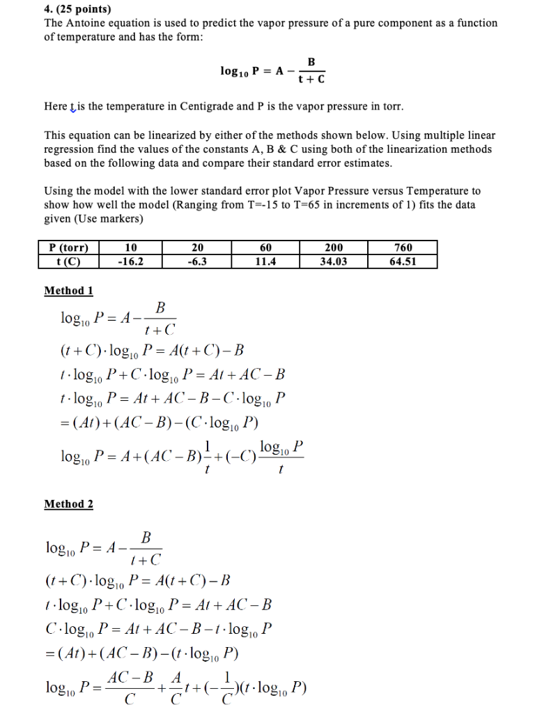 Solved 4. (25 points) The Antoine equation is used to | Chegg.com