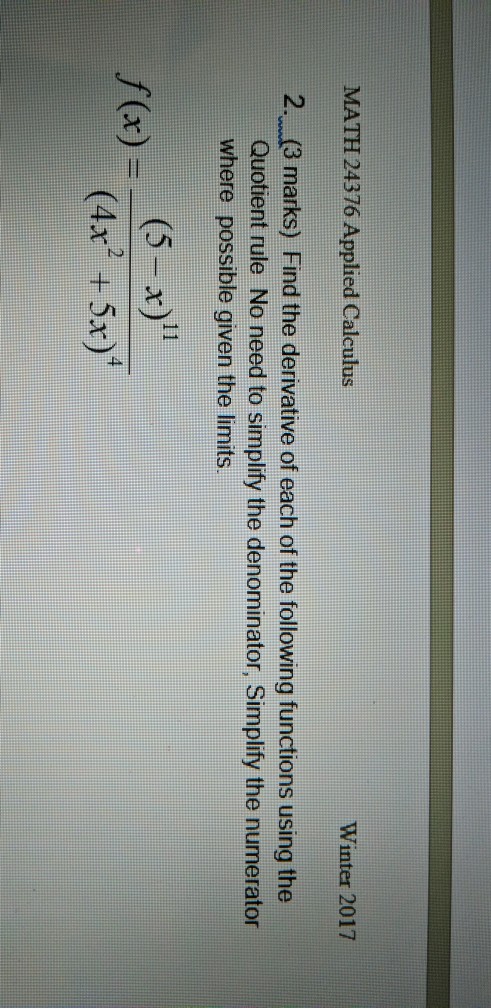 Solved Winter 2017 MATH 24376 Applied Calculus 2. (3 marks) | Chegg.com