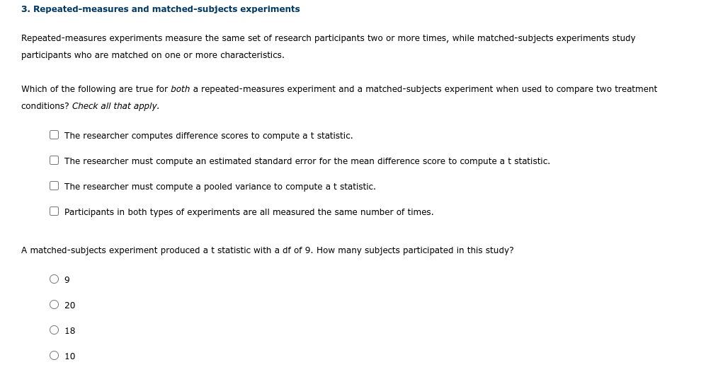Solved 3. Repeated-measures and matched-subjects experiments | Chegg.com