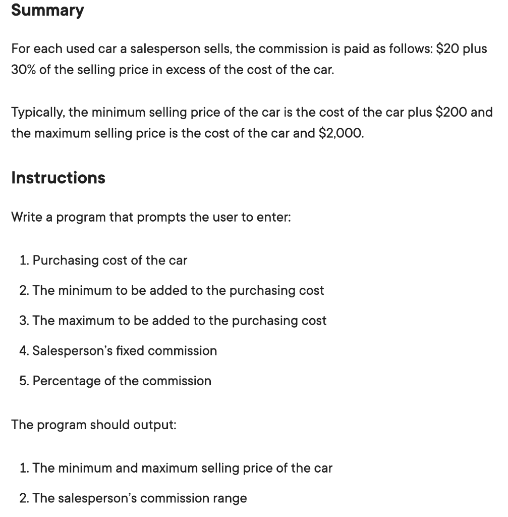 Solved Summary For each used car a salesperson sells, the | Chegg.com