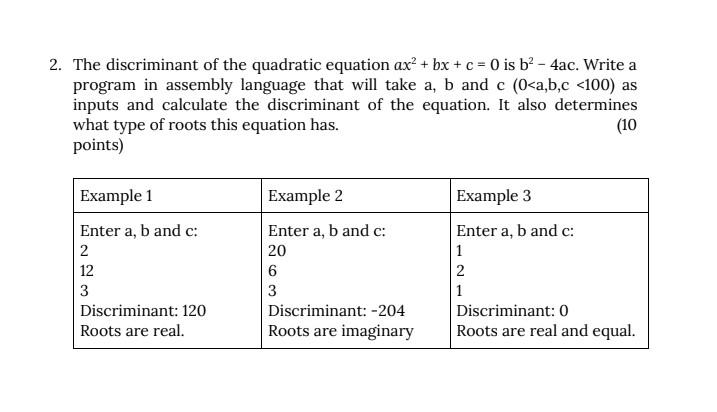 Solved 2. The discriminant of the quadratic equation ax + bx | Chegg.com