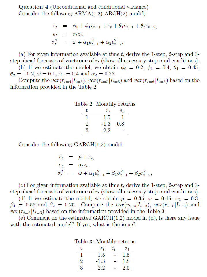 Question 4 (Unconditional and conditional variance) | Chegg.com