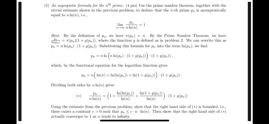 (5) An asymptotic formula for the nth prime. (4 pts) | Chegg.com