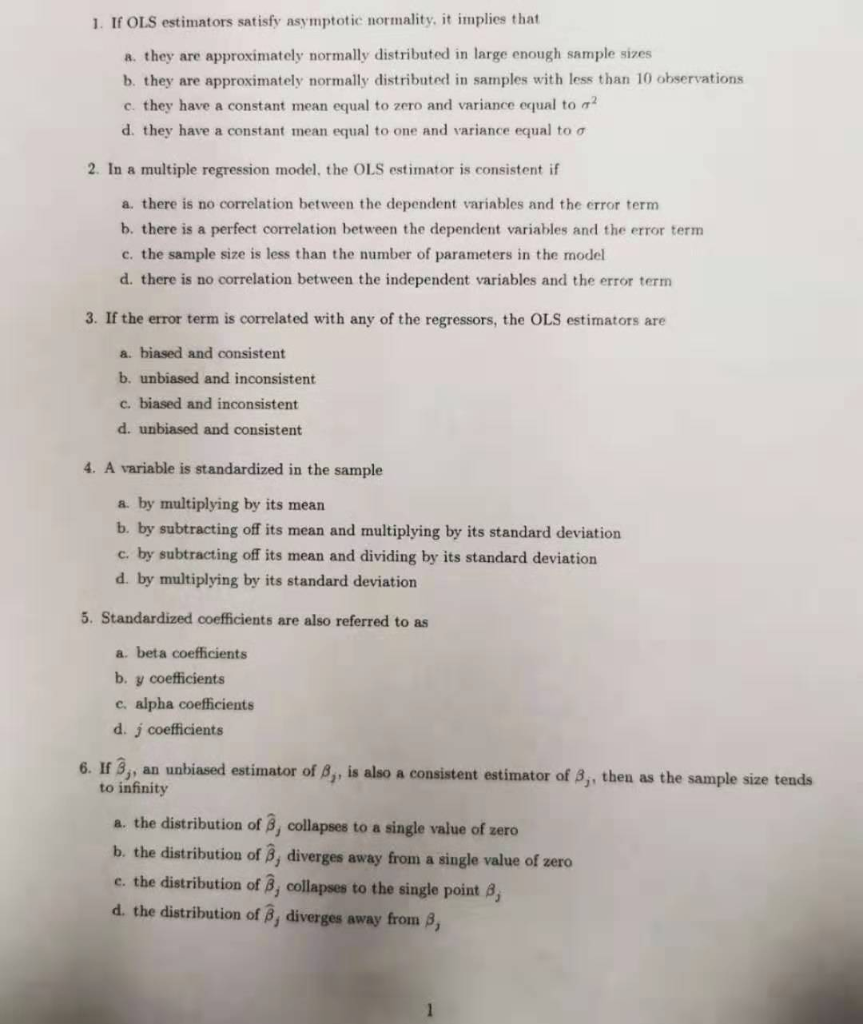 Solved 1. If OLS estimators satisfy asymptotic normality, it | Chegg.com