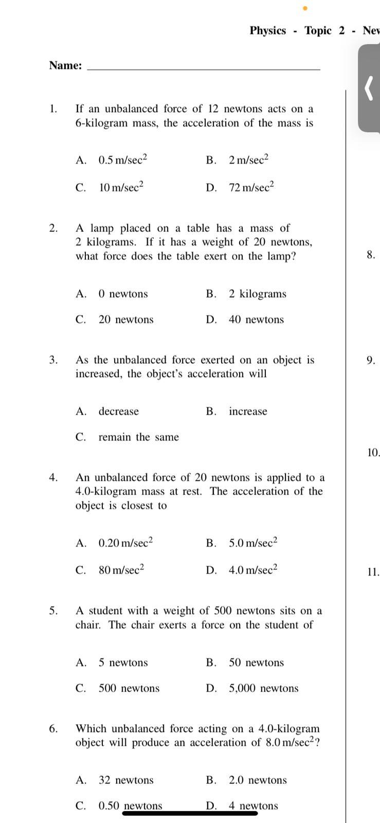 Solved Physics Topic 2 - Nev Name: 1. If an unbalanced force | Chegg.com
